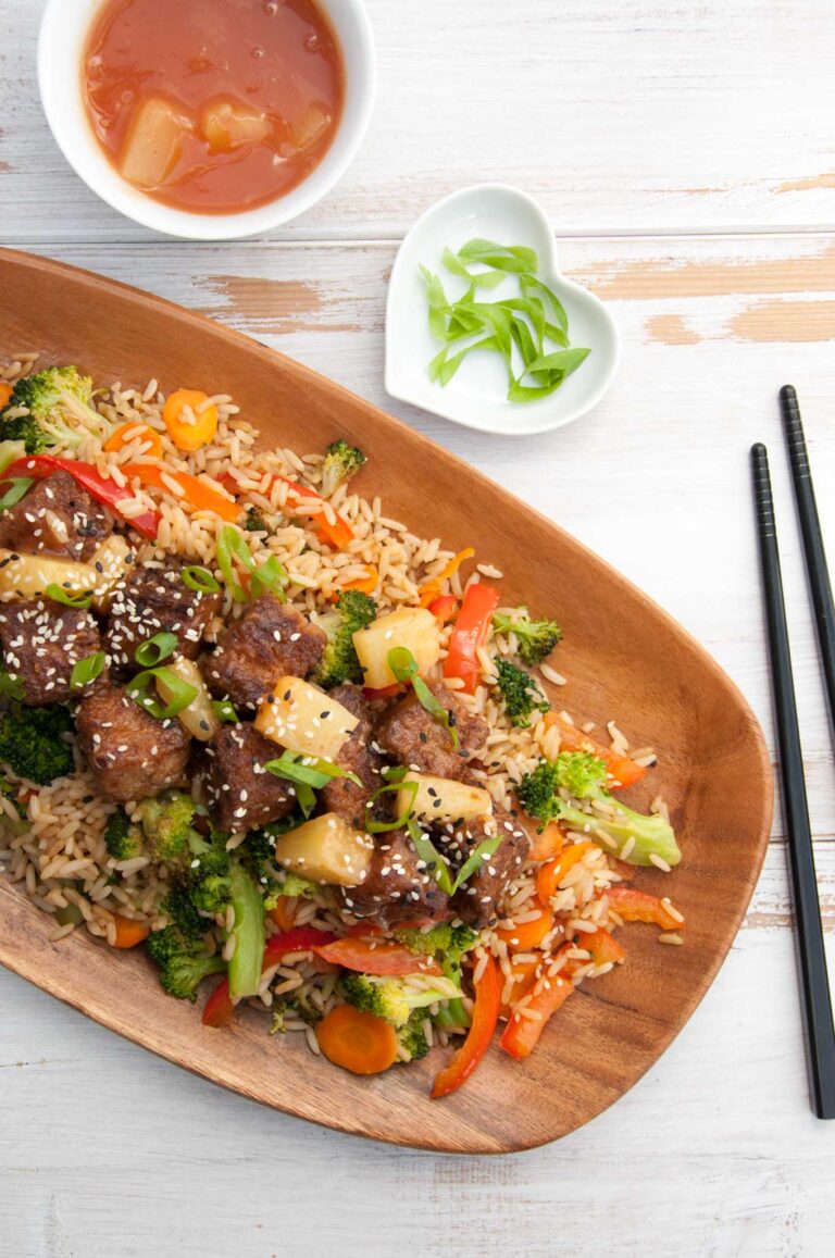 Vegan Sweet and Sour Mock Chicken on Fried Rice | Elephantastic Vegan