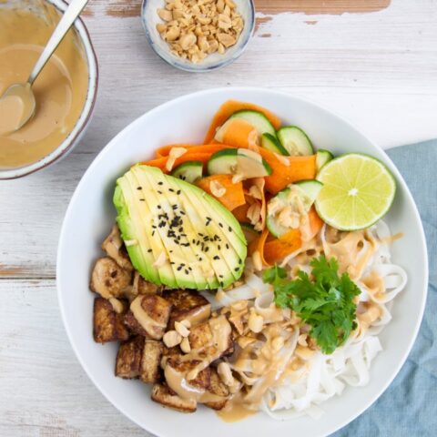 Tofu & Rice Noodle Bowl with Peanut Sauce - Elephantastic Vegan