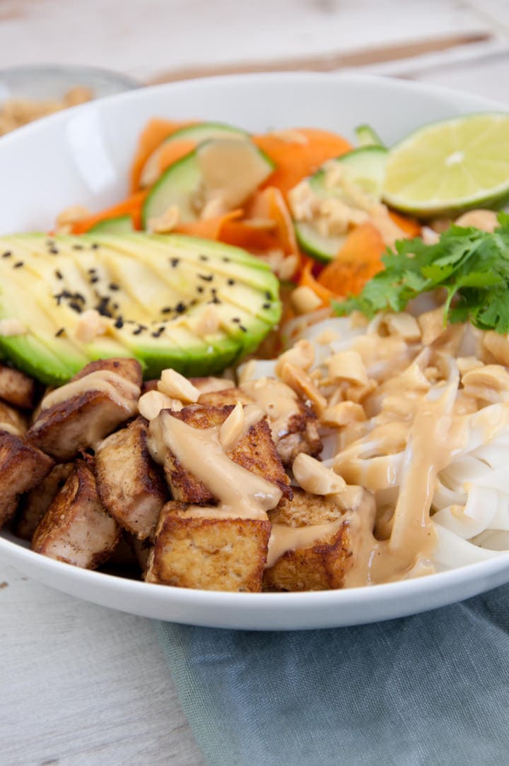Tofu & Rice Noodle Bowl with Peanut Sauce - Elephantastic Vegan